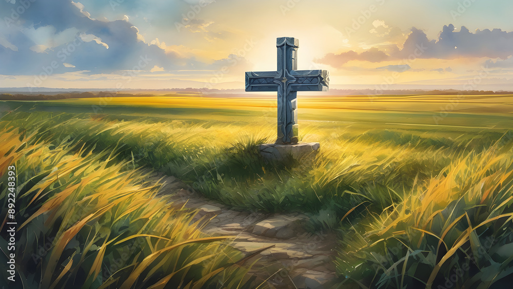 Cross in the field, cross in the field under the sunshine, holy spirit ...