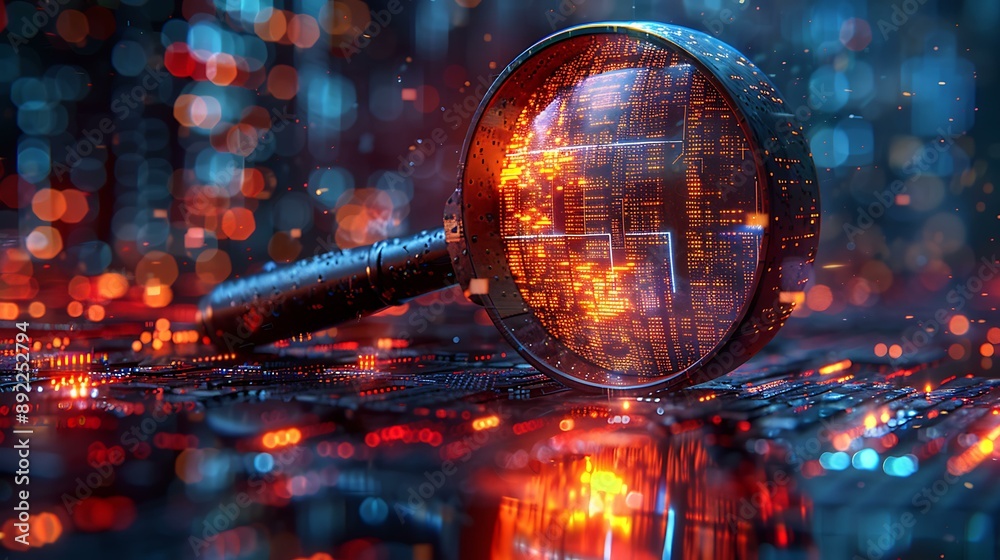 A pixel art representation of a magnifying glass over pixelated ...