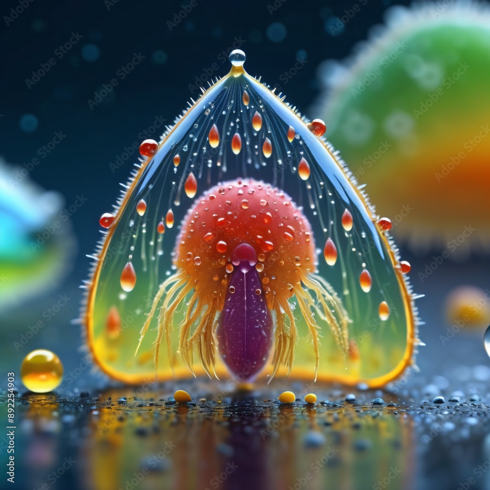 Explore the microscopic world within a raindrop. Depict tiny creatures ...