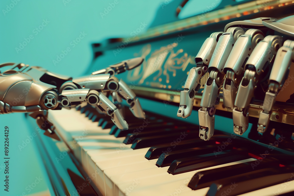 Android robot pianist playing a grand piano at an orchestral classical ...