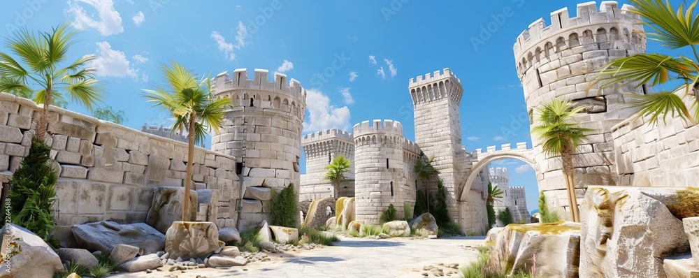 Medieval castle with towering stone walls and fortified gatehouses ...