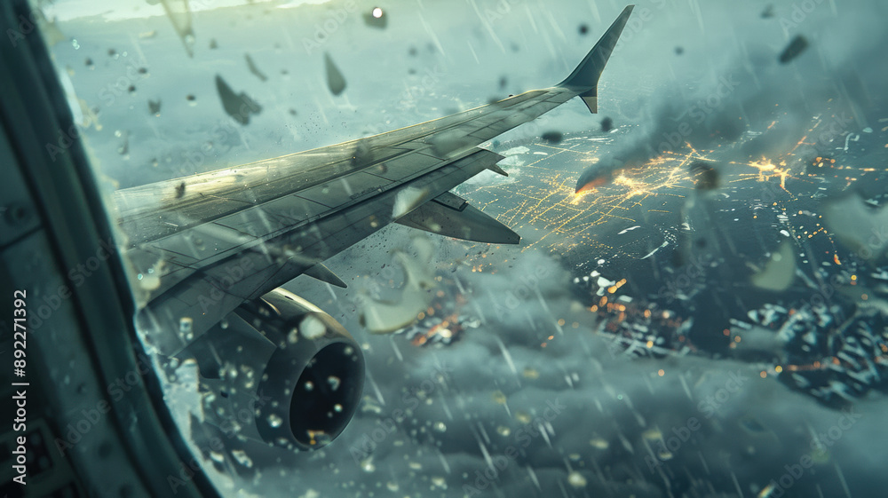 Captured mid-air through a shattered plane window, the aircraft's wings ...