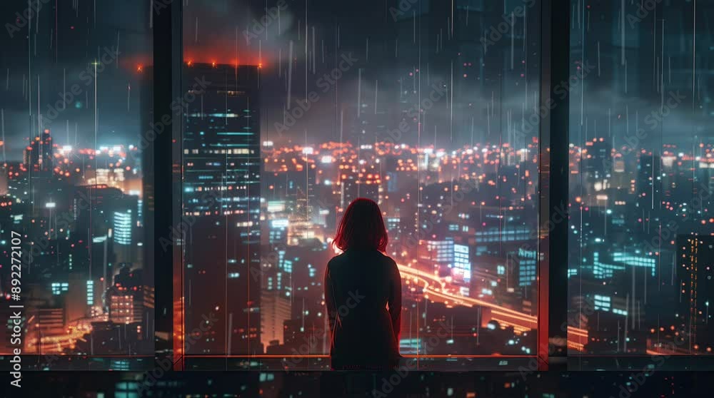 Anime girl gazing out of a window at a glowing cityscape at night, with ...