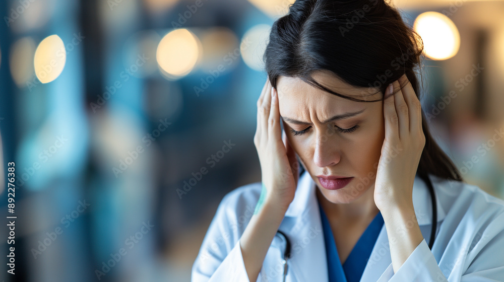 Stressed doctor or nurse with migraine headache, overworked and tired ...