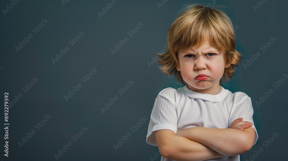 An angry boy, standing with his arms crossed, looks at the camera with ...