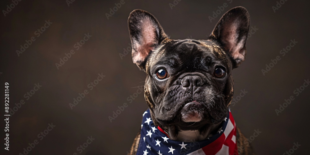 A French bulldog wearing an American flag bandana gazes curiously with ...