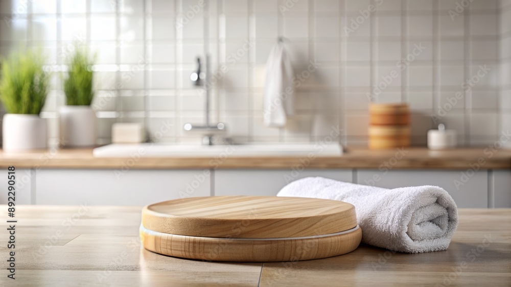 'Round wooden splay product bathroom background blurred podium poduim ...