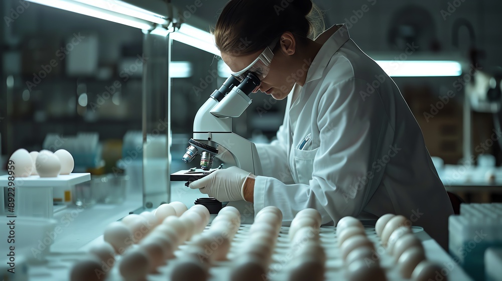 Laboratory setting with a scientist examining chicken eggs under a ...
