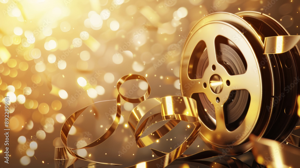 cinema illustration, film stocks in the air, light gold background ...