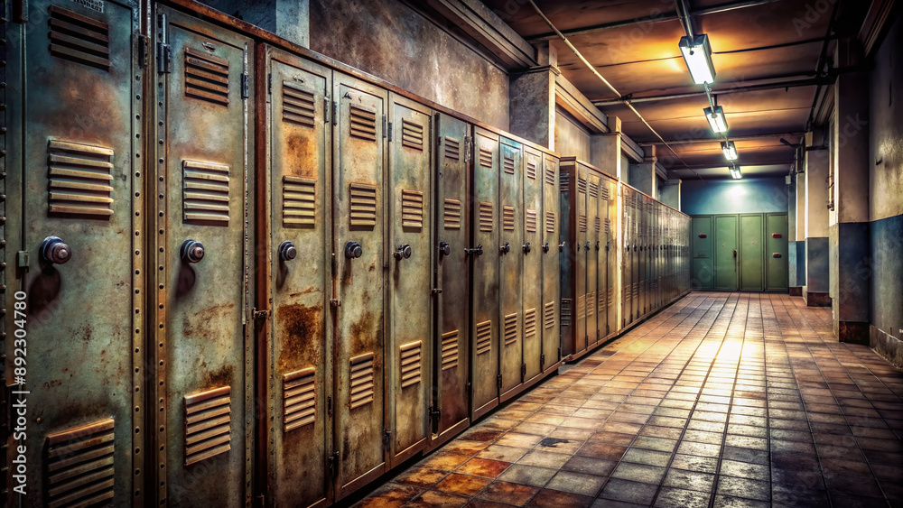 Retro-style school lockers with rusty hinges and worn labels standing ...