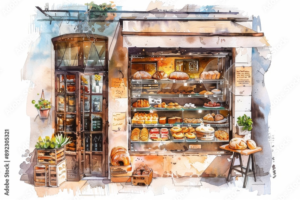 Watercolor painting of a bakery storefront with a display of fresh ...