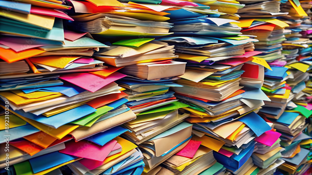 Colorful post-it tabs protrude from a tall, disheveled pile of worn ...