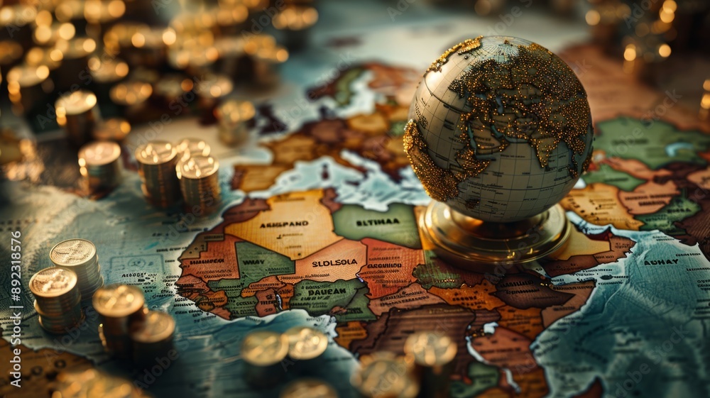 Coins scattered across a world map with a golden globe, symbolizing ...