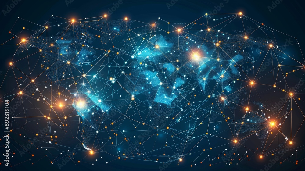 A digital illustration representing a global network connection, with an abstract world map ...