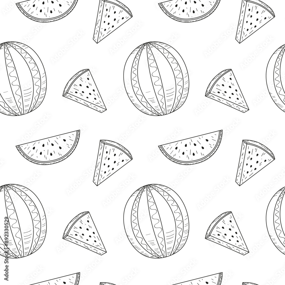 Seamless pattern with Watermelons. Hand drawn black and white vector ...
