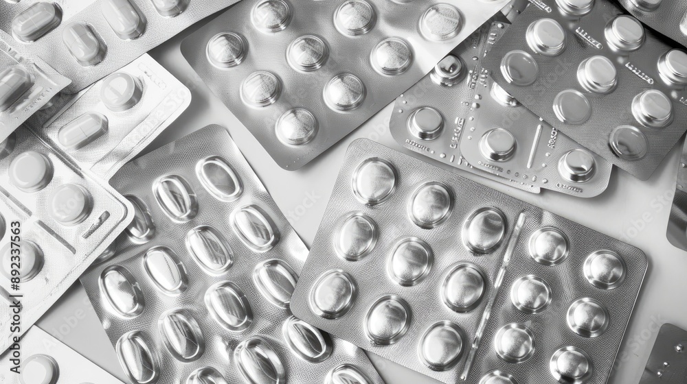 Collection of used empty silver pill blister packs representing ...