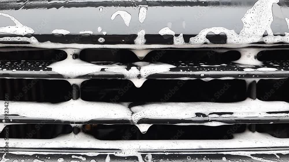 Foam slowly flows and drips down the radiator grill of a black car ...
