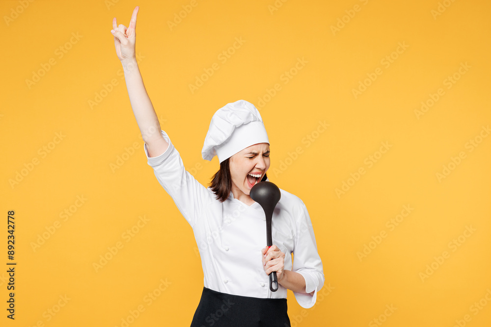 Young chef cook baker woman in white shirt apron uniform toque chefs ...