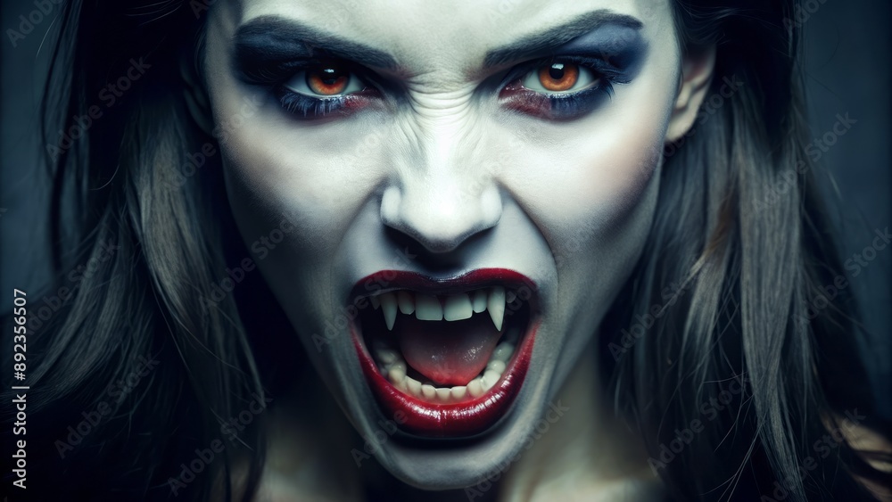 A mysterious, bloodthirsty female vampire's hauntingly pale face with ...