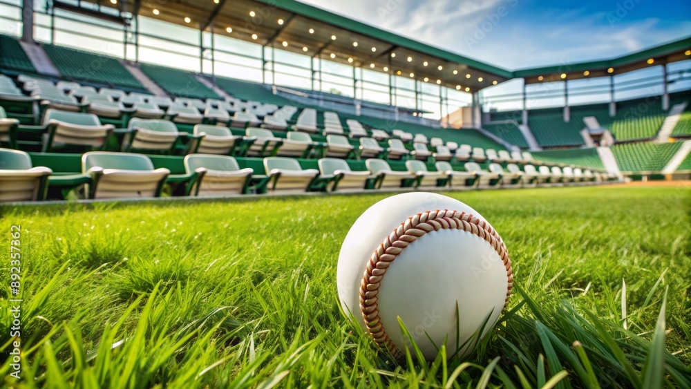 Lonely white leather baseball resting on lush green grass amidst empty ...