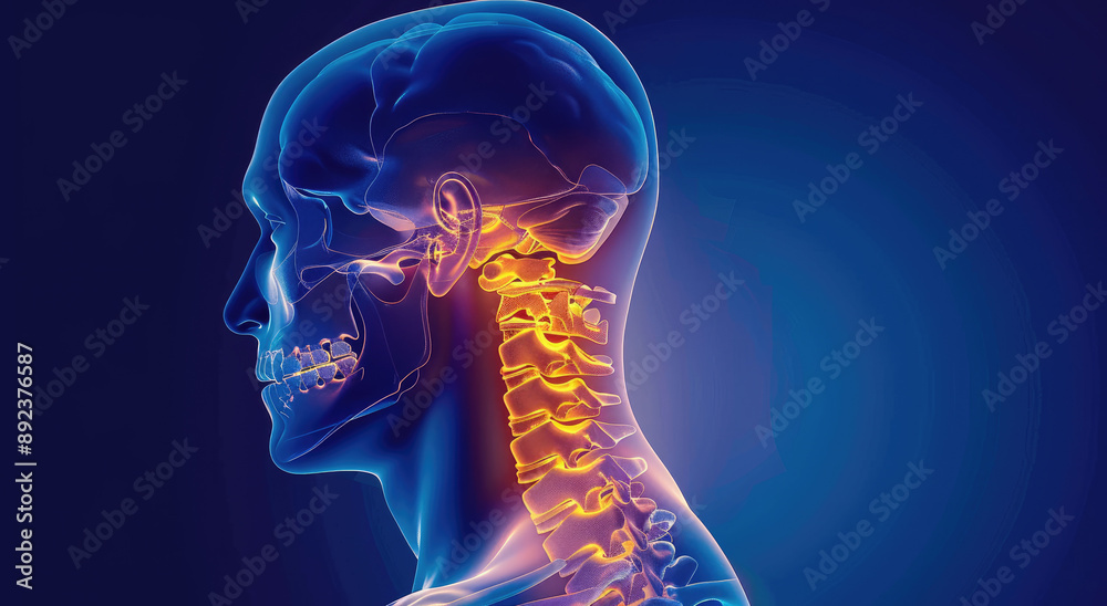 An illustration of neck pain, visualized as an X-ray style head with ...