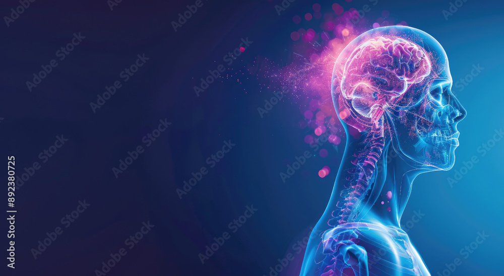 An illustration of neck pain, visualized as an X-ray style head with ...