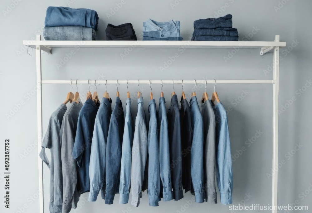 minimal rack with blue color palette male clothes on hangers. Open ...