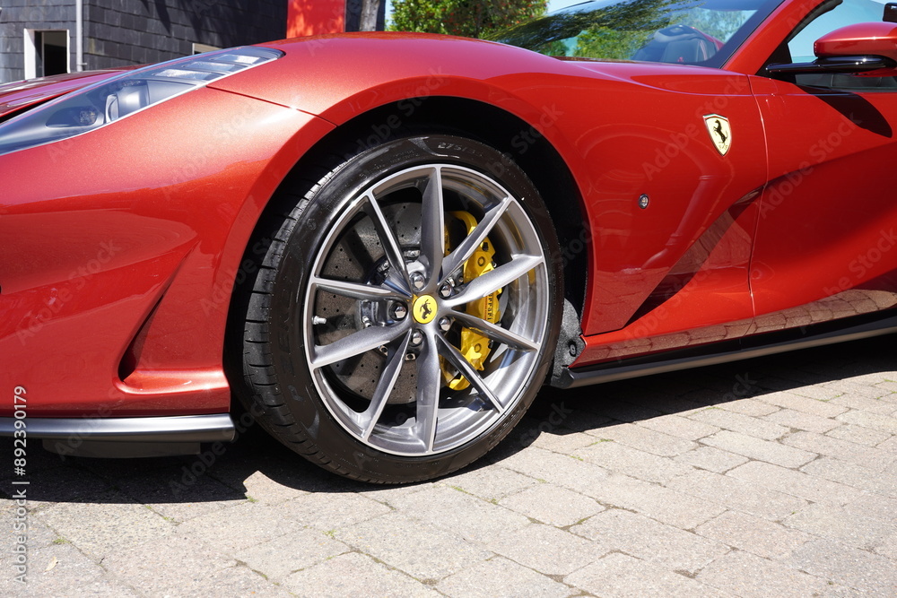 Lyndhurst England 19 July 2024 - Ferrari sports car close up of wheel ...