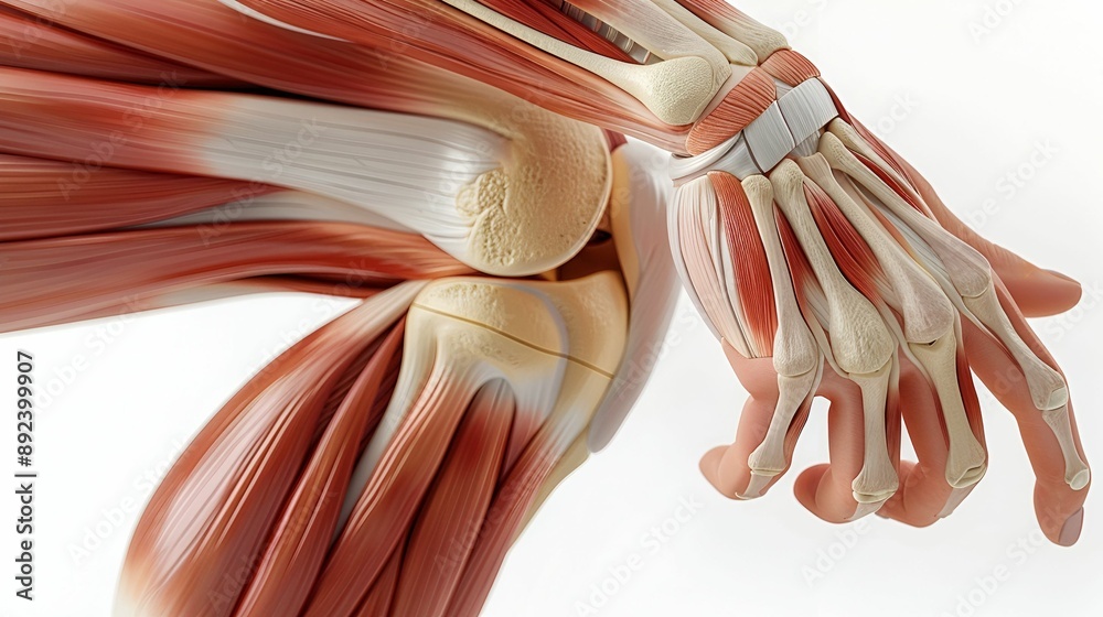 An anatomical illustration displaying the detailed structure of a hand ...