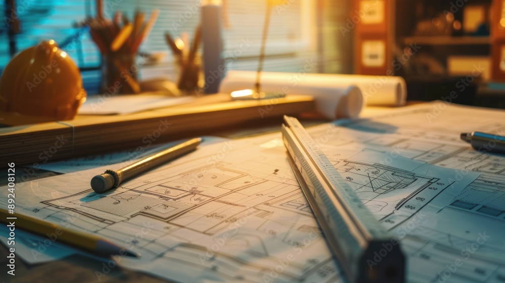 illustration Detailed drawing of construction estimator desk with cost ...