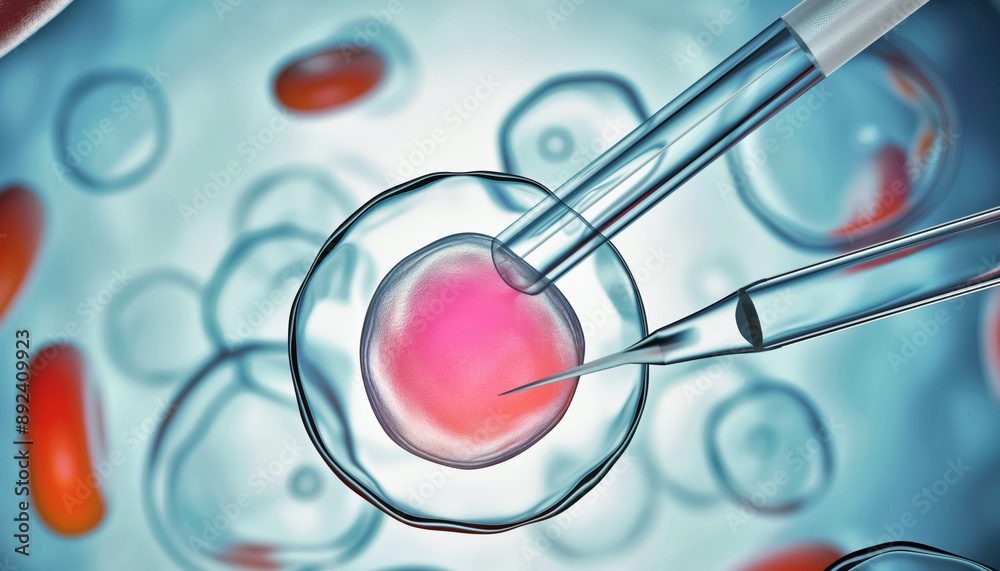 Medical needle injection into human egg cell microscopy detail, IVF In ...