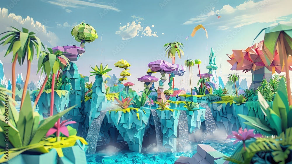 A surreal papercraft landscape where gravity does not exist, with floating islands, waterfalls ...