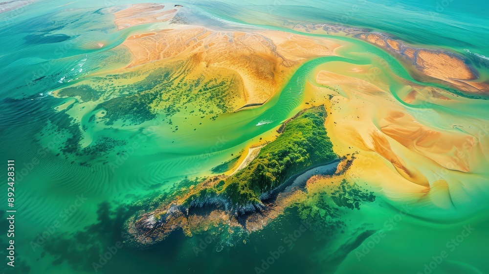 A vibrant image of an island split by a river that flows into the ocean ...