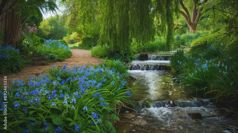 A riverside path bordered by weeping willows and banks of blue forget ...