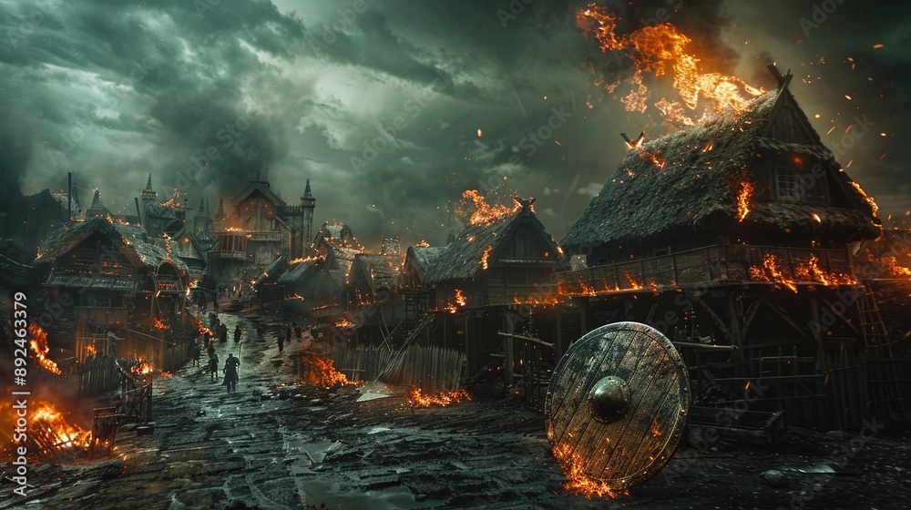 Viking shield and burning village. Fiery embers swirl amidst ...