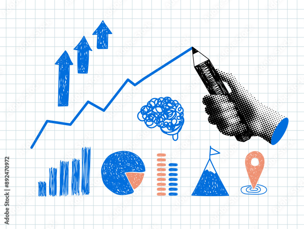 Modern collage. Halftone hand drawing a graph. Hand holding a pencil ...