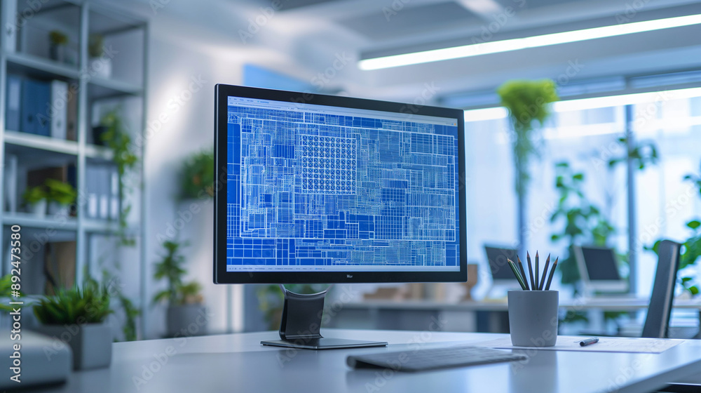 Detailed architectural blueprint draft sketch visible on a monitor ...