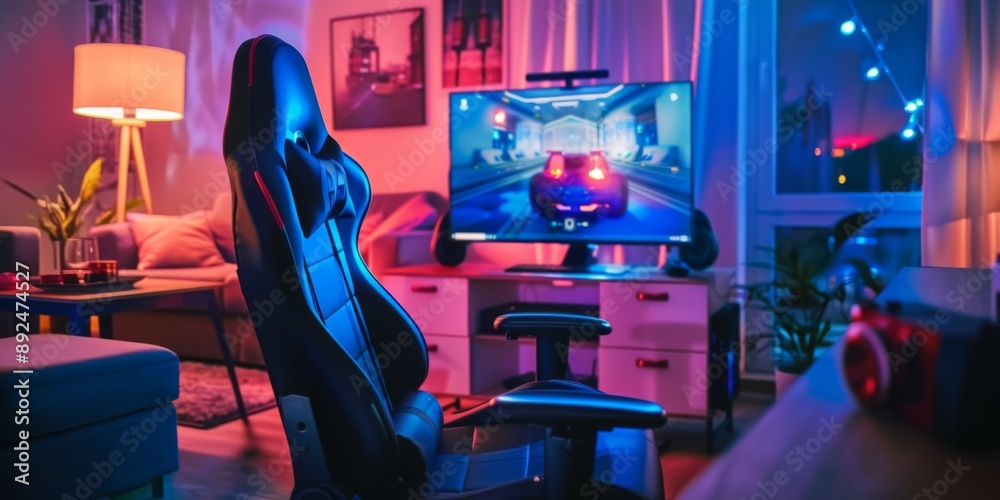 A modern gaming setup featuring RGB speakers and a gaming chair ...