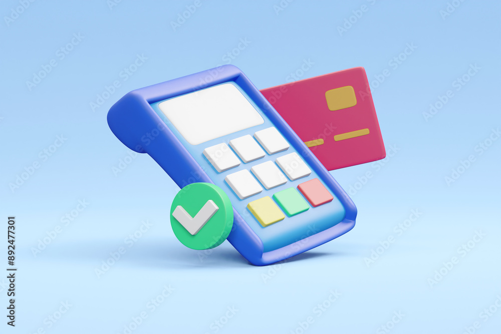 3D render depicting a card reader, a credit card, and a check mark to ...