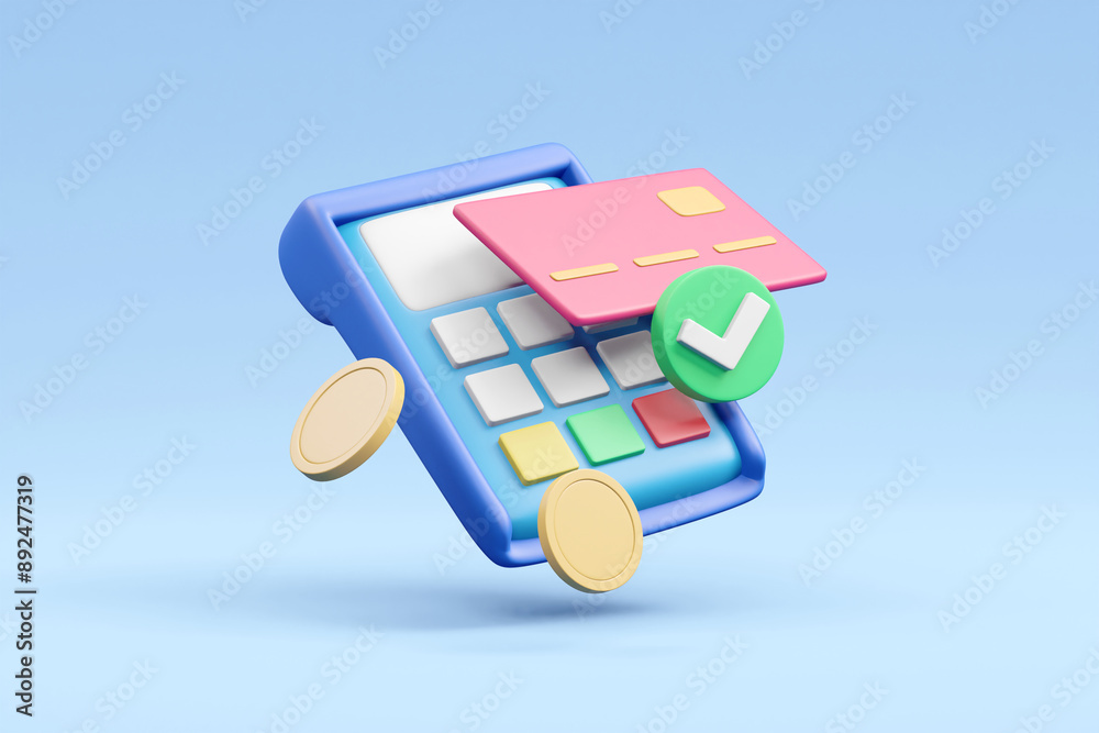 3D render depicting a card reader, a credit card, a check mark, and ...