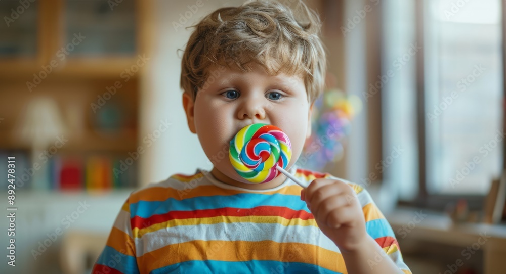 fat child eats sweet candy. concept of childhood obesity and unhealthy ...