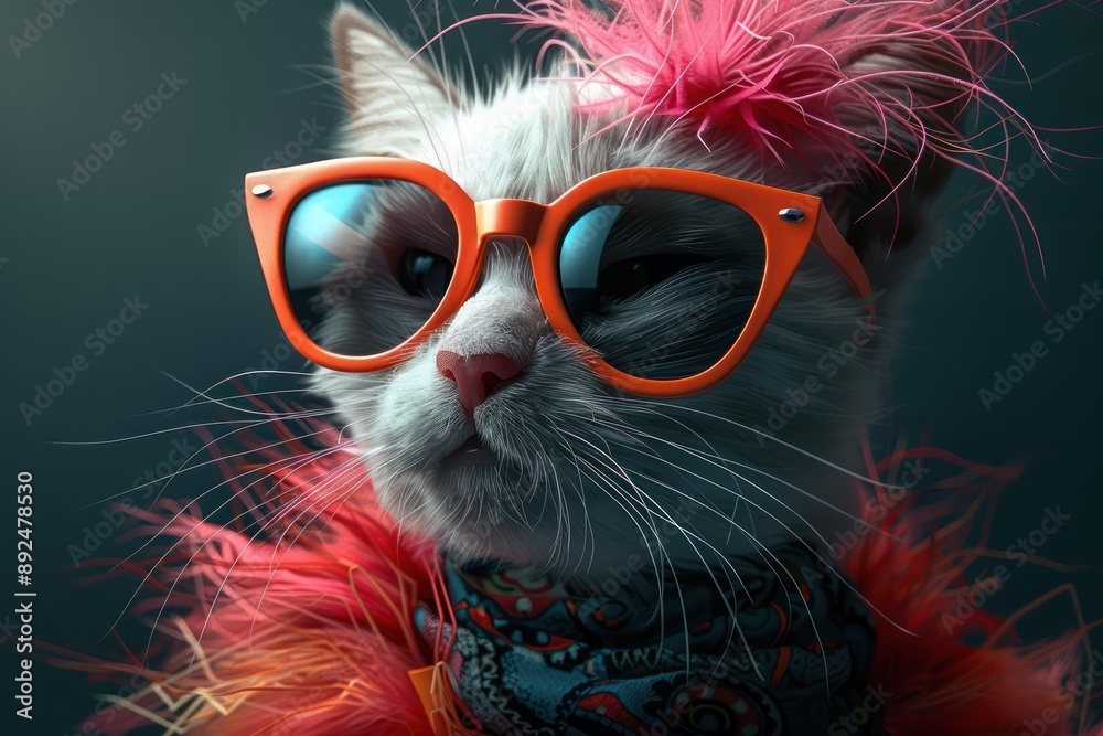 Adorable Kitty in Chic Sunglasses and Feathered Attire, A Playful ...