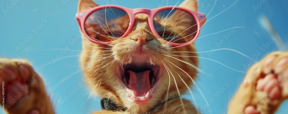 Cute Kitten Wearing Pink Sunglasses Celebrating with a Big Yawn ...