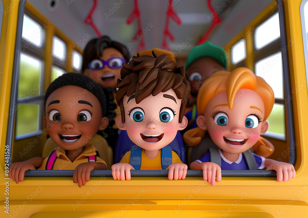 Excited cartoon kids inside a school bus, welcoming back to school, 3D ...