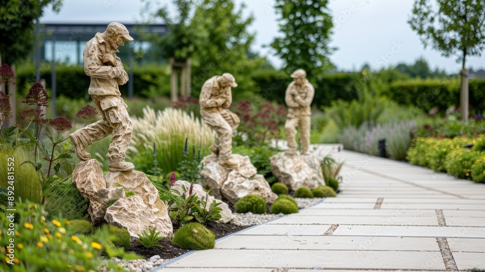 Three life-sized statues of soldiers in heroic poses appear to stand ...