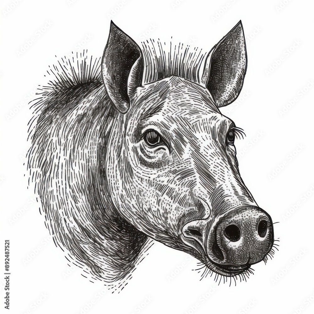 Black and white Vintage engraved art of a portrait of a warthog ...