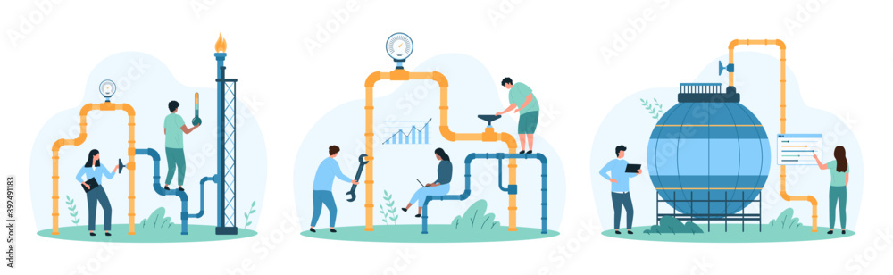 Gas station inspection, engineering set. Tiny people control gas flow ...