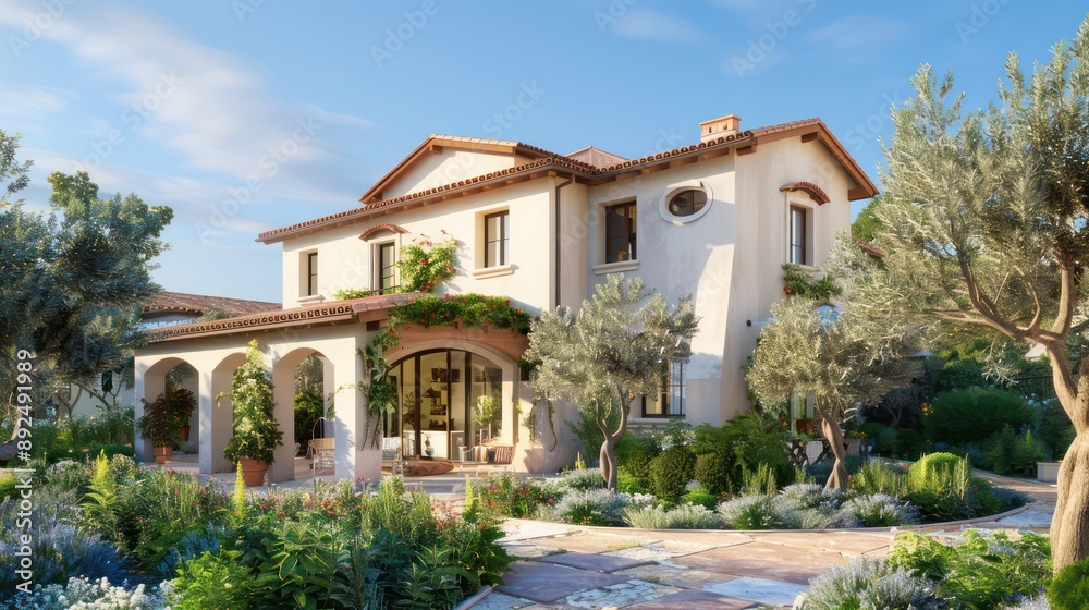 picturesque suburban home with a creamy stucco exterior and terracotta roof tiles, featuring a ...