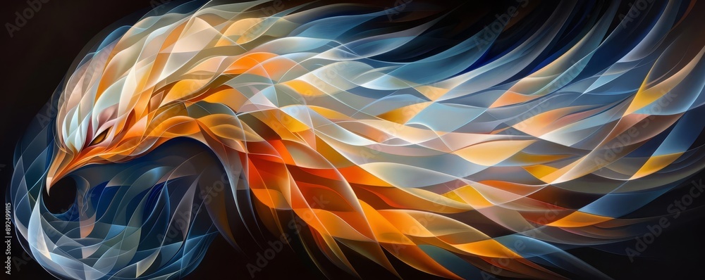 abstract representation of a phoenix, geometric shapes, bold colors ...