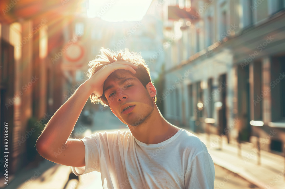 Young man suffering from extremely high temperature, heat stroke and ...